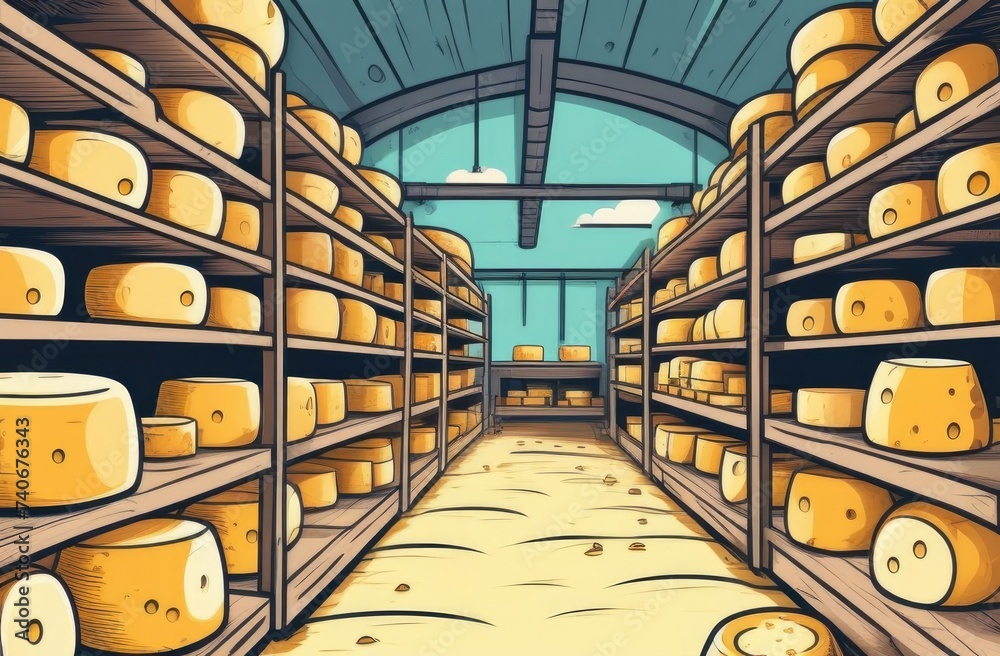 large cheese wheels in a dry room on a farm, cheese factory shelves ...