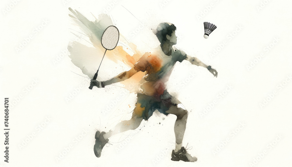 Dynamic watercolor painting of badminton player in action with a racket ...