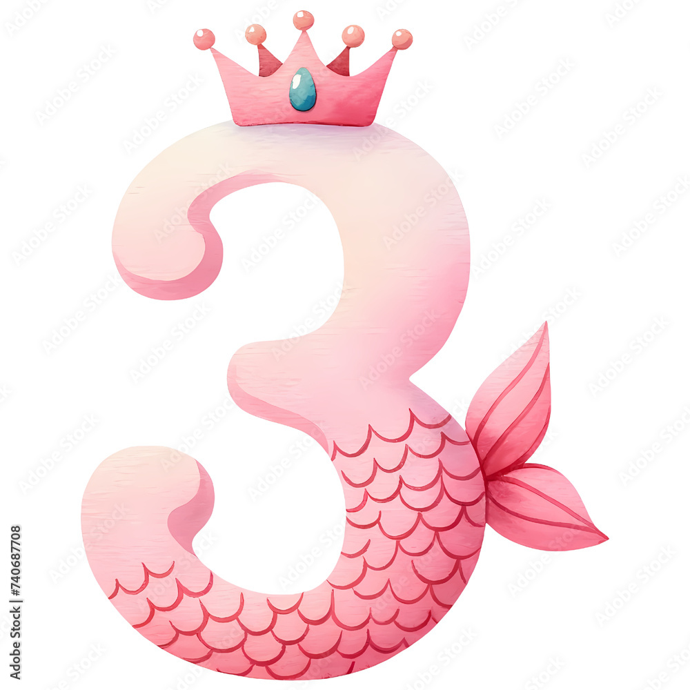 Pink Mermaid Tail Number Three Illustration a whimsical with a mermaid ...