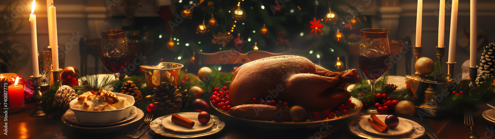 Christmas day dinner on a table complete with a turkey, wine and ...