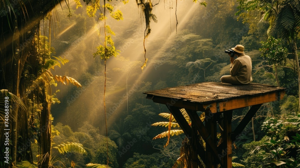 Person in explorer hat gazes at the lush green rainforest canopy from a ...
