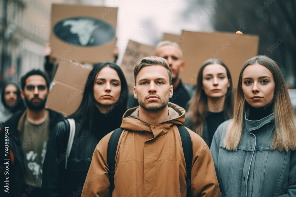 Group of activists with banners protesting to save earth. Men and women ...