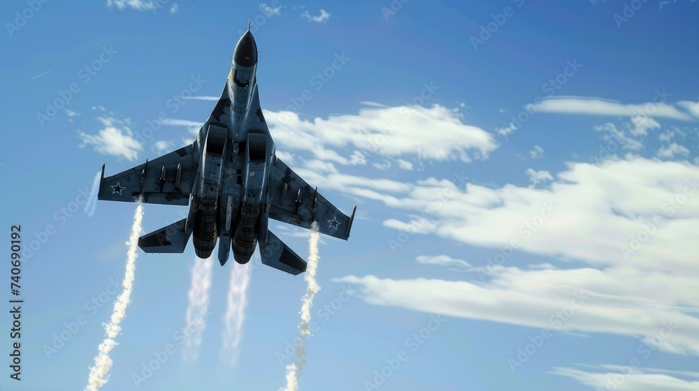 A sharp-focused military fighter jet takes off against a vivid blue sky ...