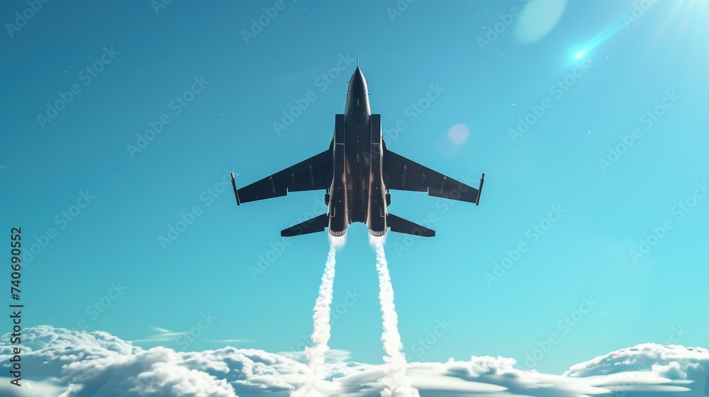 High-performance military fighter jet taking off in vivid blue sky ...