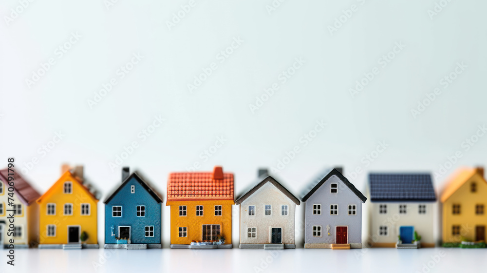 miniature houses in a row, each painted with distinct, lively colors ...
