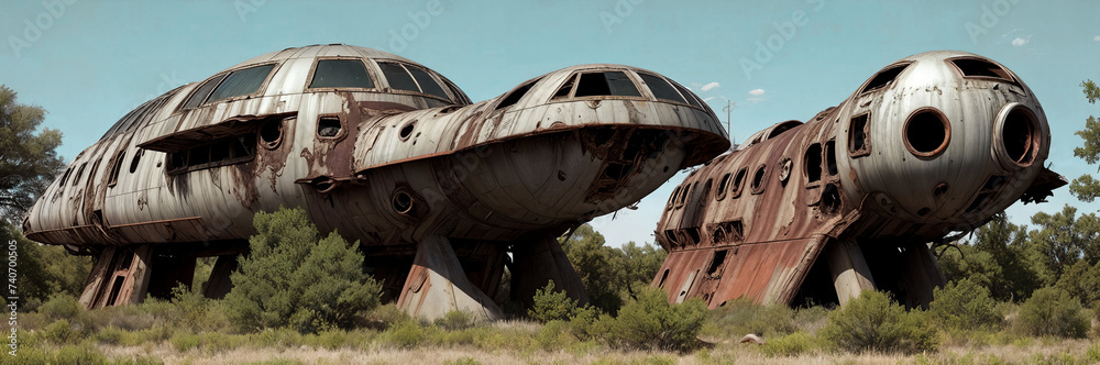 An abandoned spaceship on an alien planet, rusted metal, broken windows ...