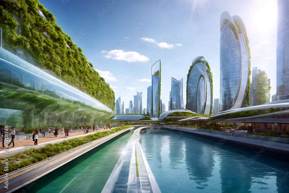 Eco friendly sustainable green city of the future, futuristic cityscape ...