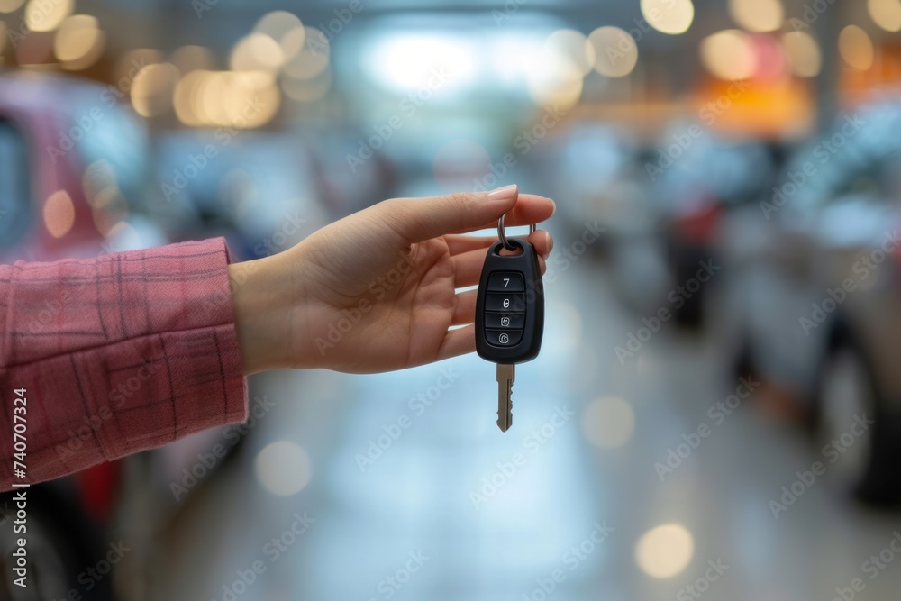Customer receives keys to a new car at a car dealership, a symbol of ...