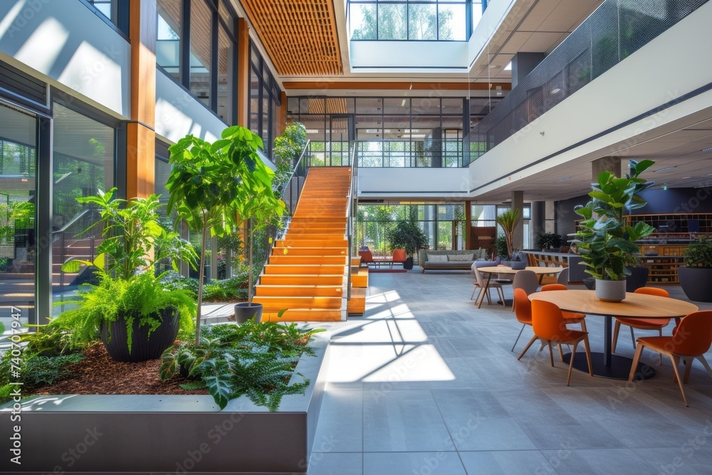 The lobby of a multi-level shopping center or high-end office building ...