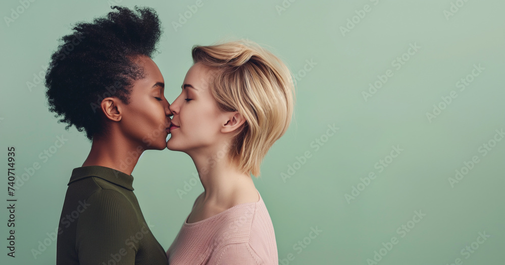 Portrait of young lesbian couple, two women in love, intimate moment kissing, copy space with ...