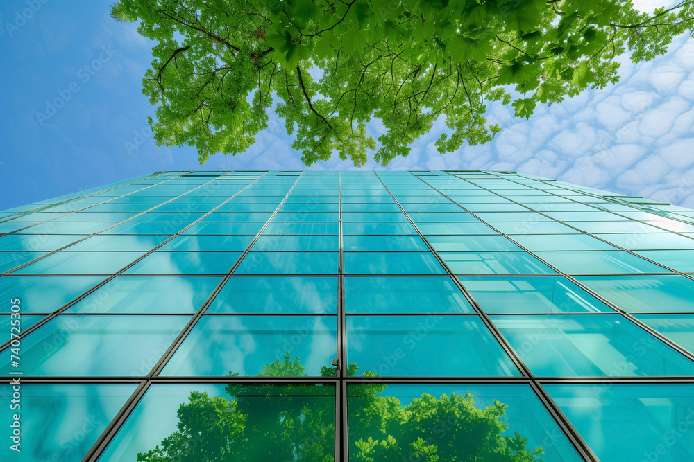 green glass office building sustainable, eco-friendly modern city, tree ...