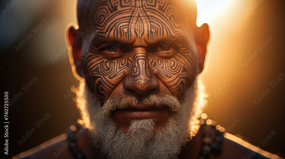 Maori man with traditional moko facial tattoos against the rising sun ...