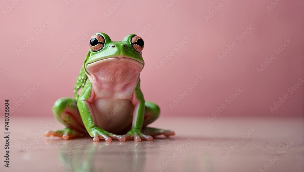 A vibrant green frog with pink eyes leaps through a february day ...