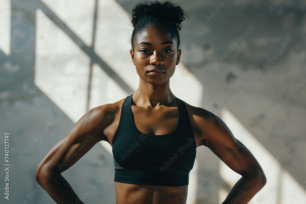 Confident fitness model with sculpted physique in black activewear ...