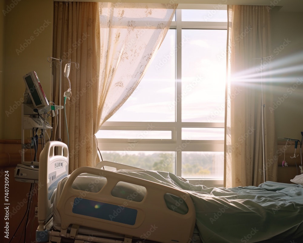 Hospital room with sunlight streaming through the window, conveying ...