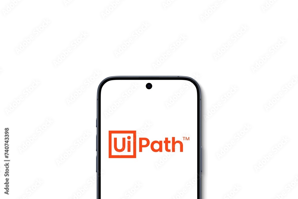 UiPath Logo is displayed on a modern smartphone, global software ...