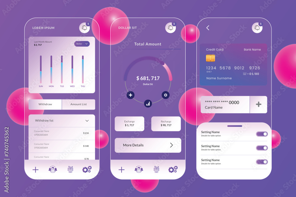 Glassmorphism frame, transparent glass plates with abstract shapes ...