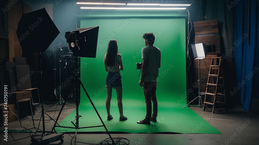 Studio Scene with Man and Woman on Green Screen Set for Video ...