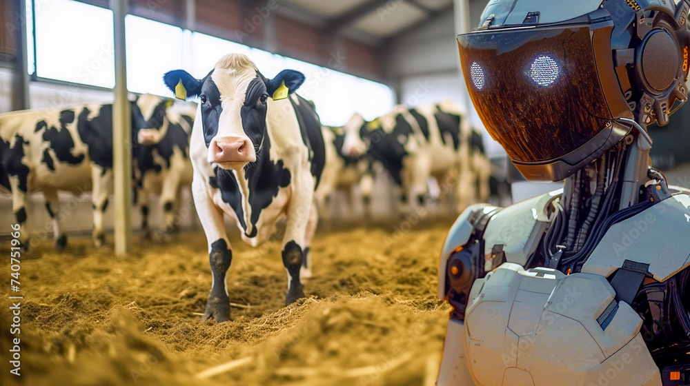 Automatization and robotic AI technology in livestock farming. Robot in ...