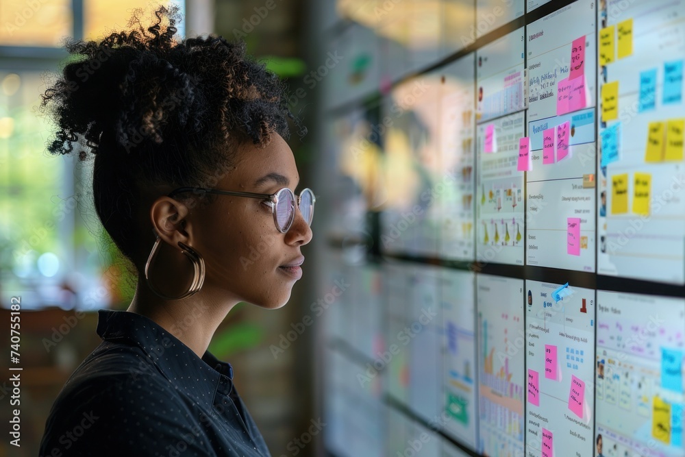 Project Planning with Digital Kanban Board. Young professional woman ...