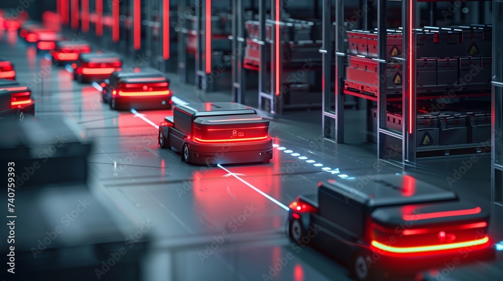 Overhead view of AGVs coordinating on laser-guided routes for optimized ...