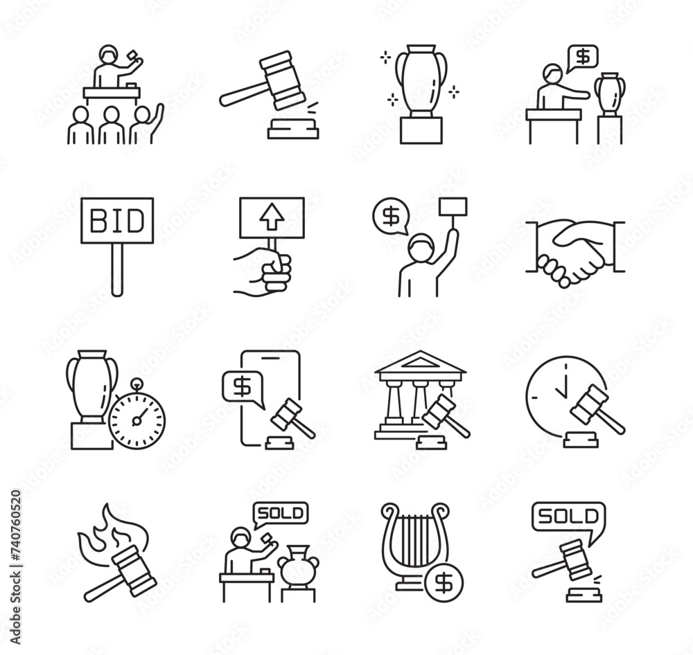 Auction line icon set. Included symbols as price tag, deal, courthouse ...