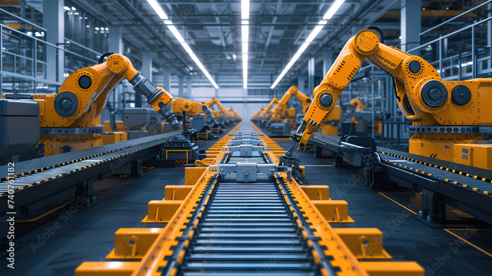 Automated Assembly Line: A modern manufacturing facility with robots and automated machinery ...