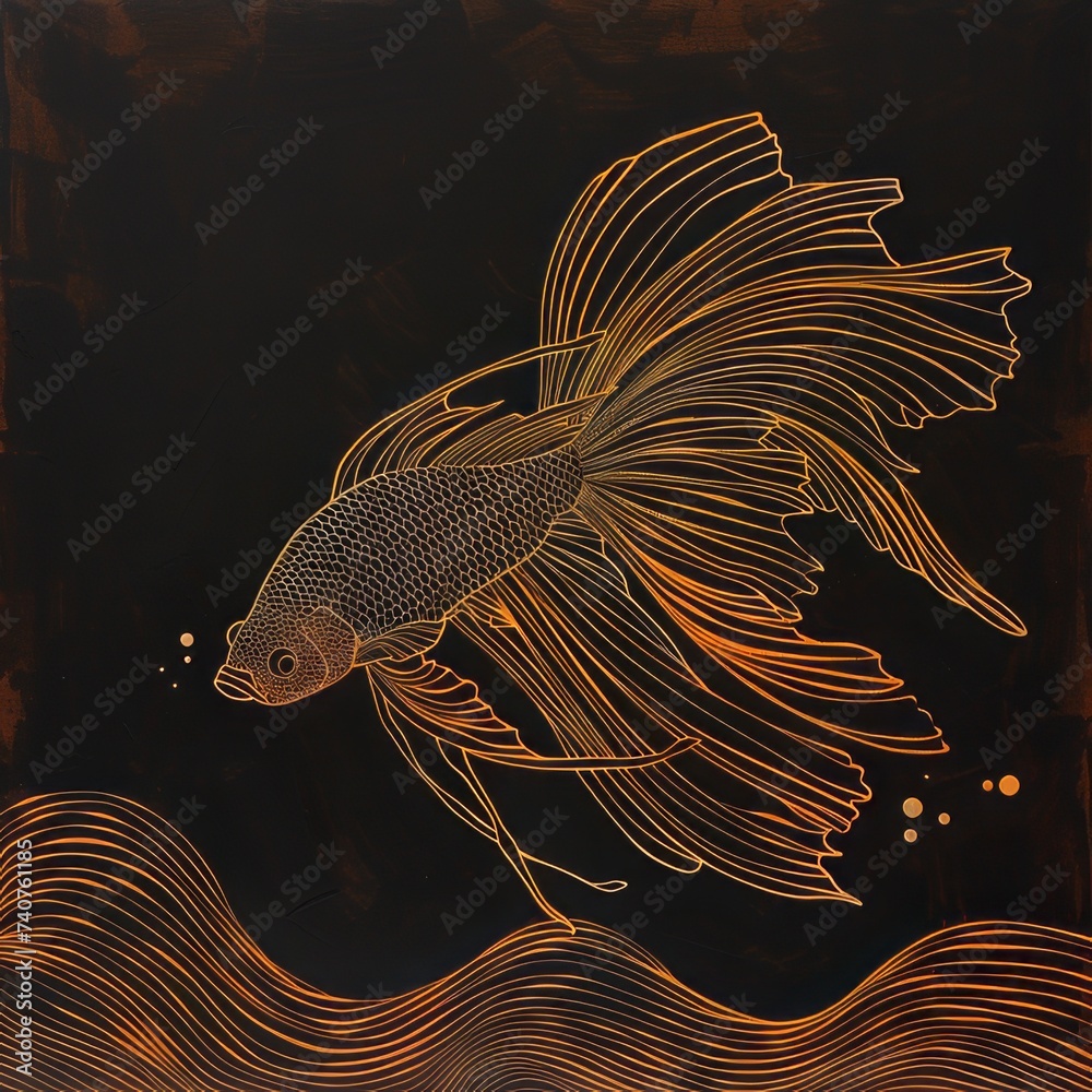 Create a contemporary artwork featuring a betta fish, with bold gold ...