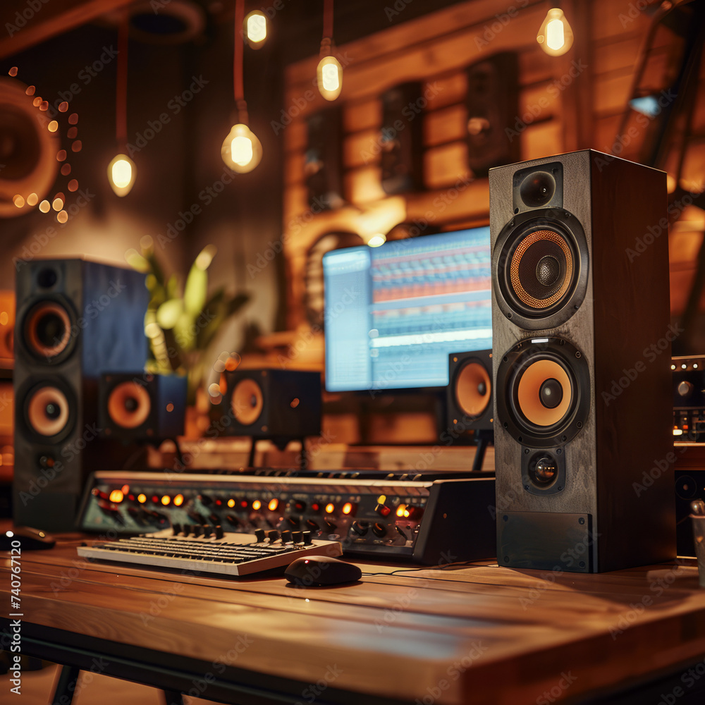 Professional music studio with wooden desk and monitor speakers, midi ...