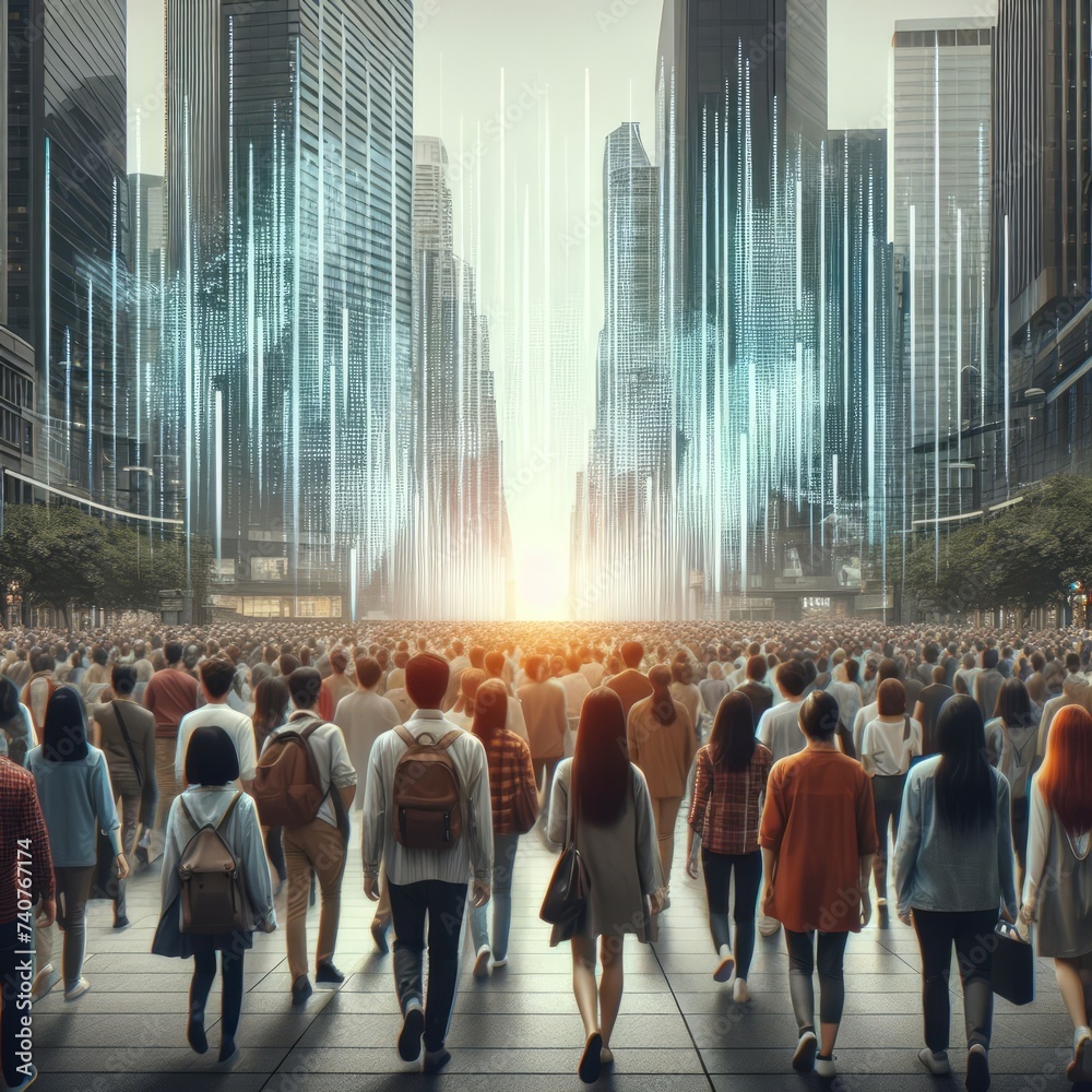 Foto de People with a digital quarcode walk through the city with their ...