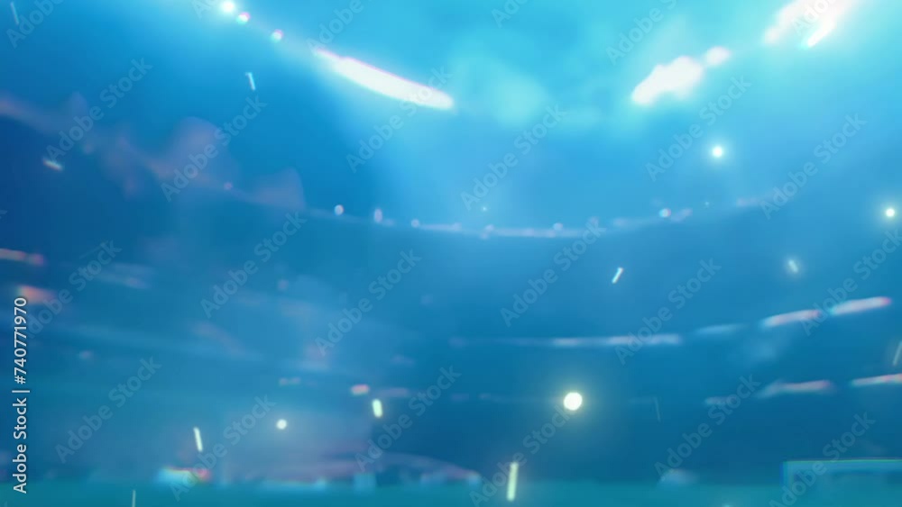 Dazzling stadium under night sky, its field aglow with stadium lights ...