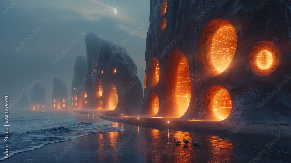 Sand sculptures on a moonlit beach forming ATP molecule grids with ...