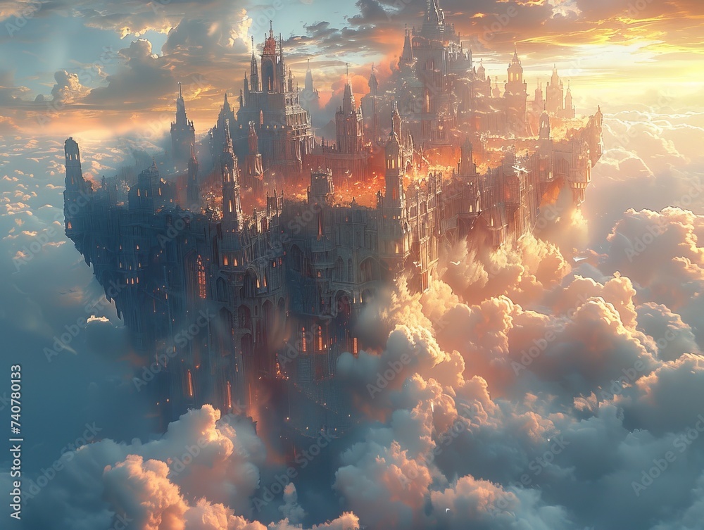 Skyborne Citadel floating on a cloud its spires reaching into different ...