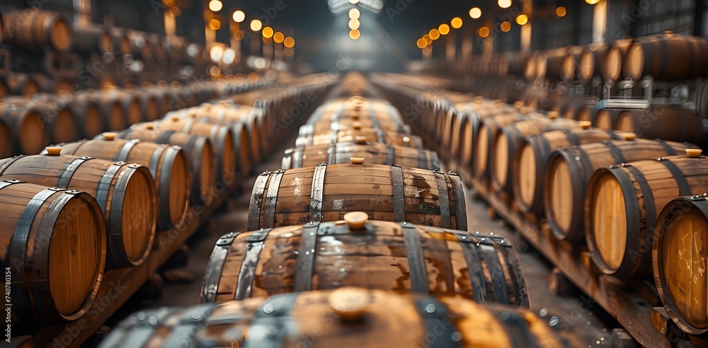 long row of barrels are stacked on top of each other in a warehouse ...