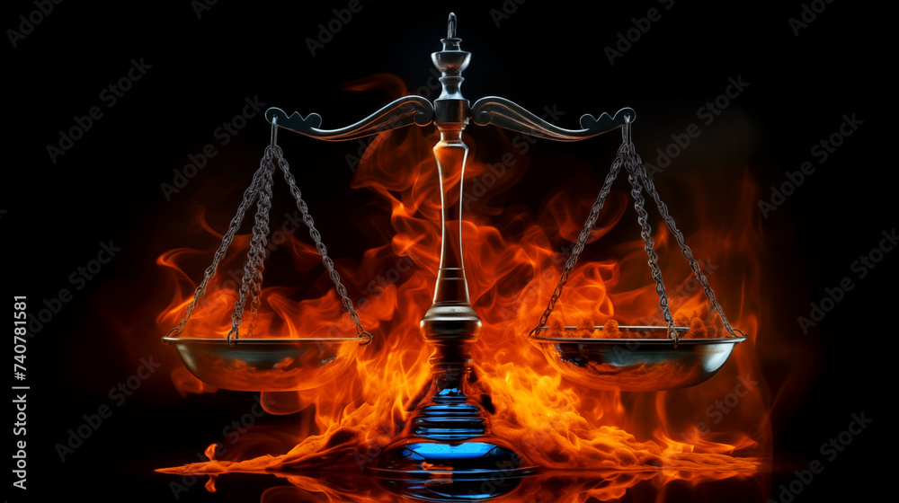 Justice scale with dark-toned on-fire background. Justice concept ...