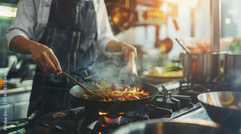 A skilled cook expertly prepares delicious street food on a sizzling ...
