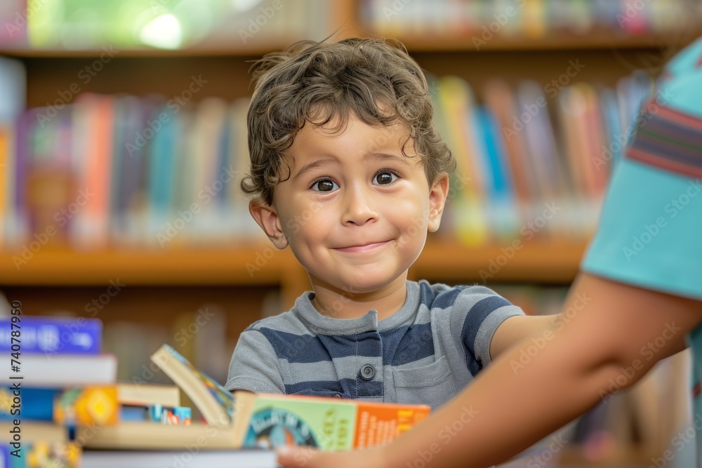 A young child handing out books to other kids in a community library ...