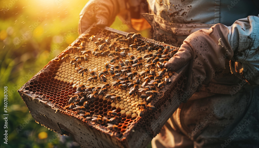 Close up shot of a beekeepers hands gently holding a frame covered in ...