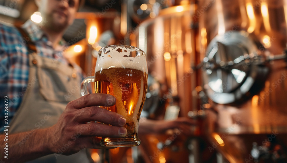Close up shot of a brewmaster inspecting a sample of craft beer in a ...