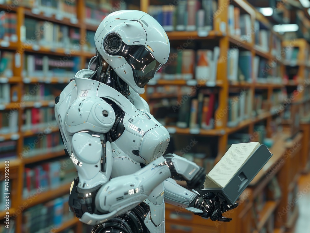 Robot librarian organizing digital archives a beacon of knowledge in a ...