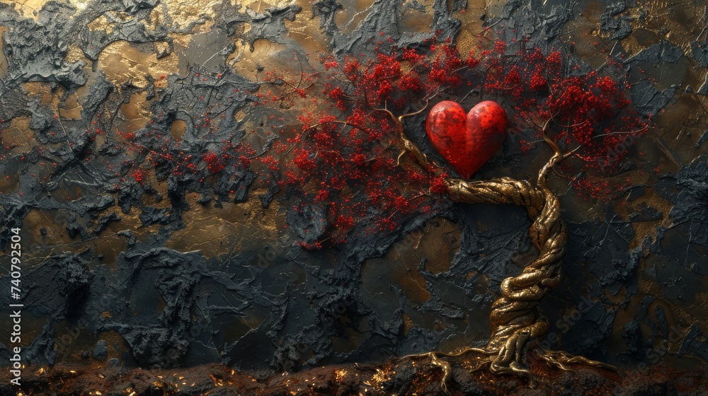 Ruby heart of an ancient tree pulsating with life roots entwined with ...