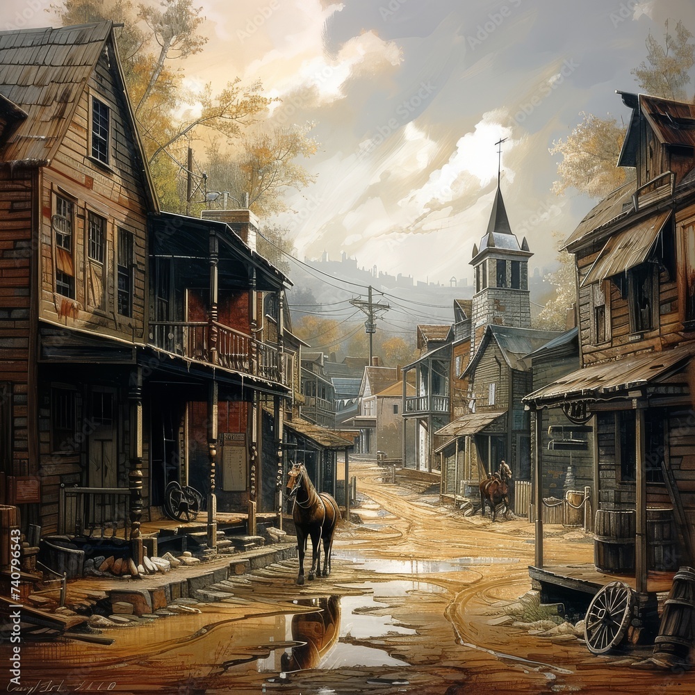 Historic old western town street scene with horses and wooden buildings ...