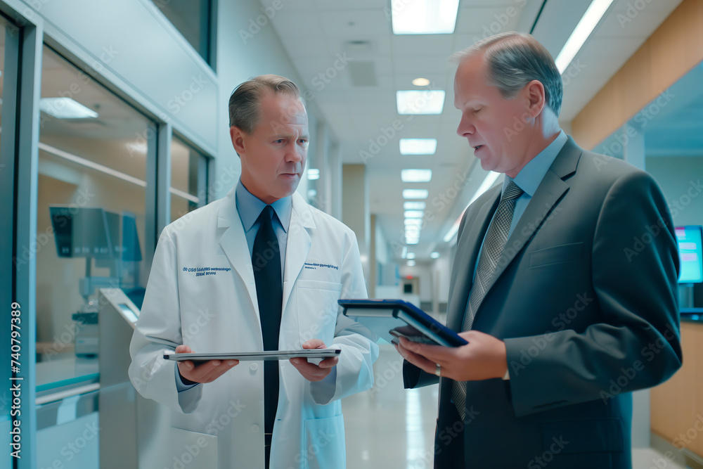 Doctors Consulting Over Digital Devices in Hospital. Two male doctors ...