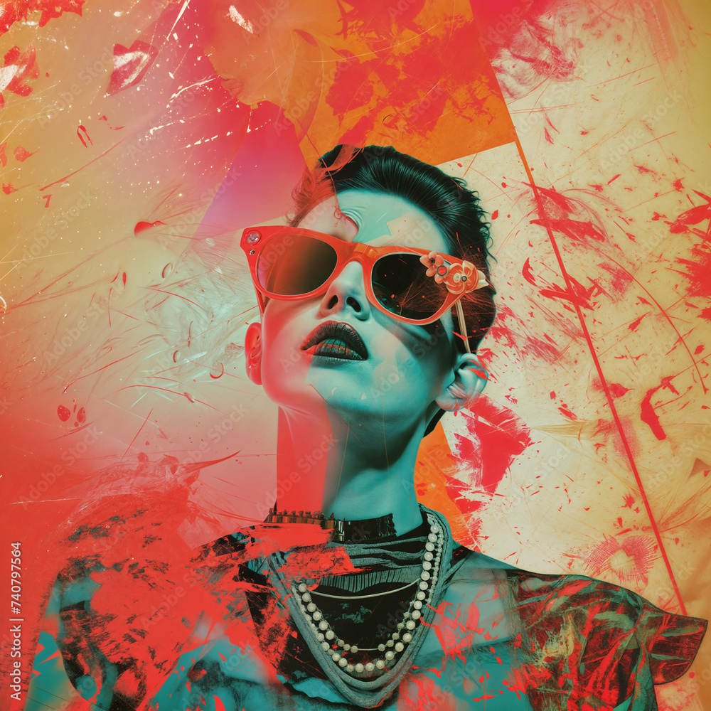 Pop collage Illustration of a beautiful female fashion model with ...