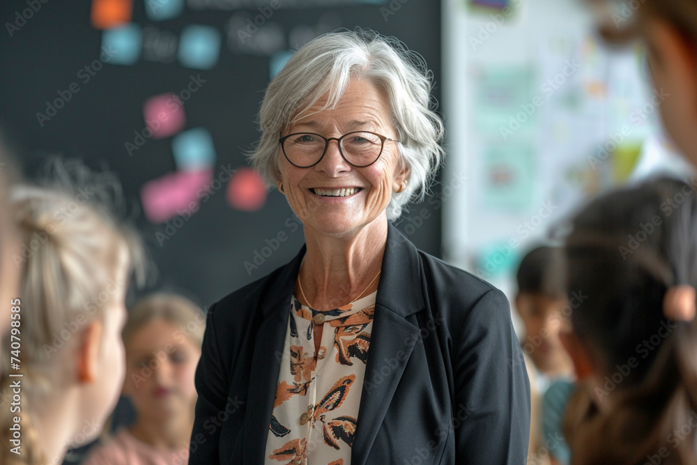Senior Teacher Smiling in Classroom with Students. A joyful senior ...