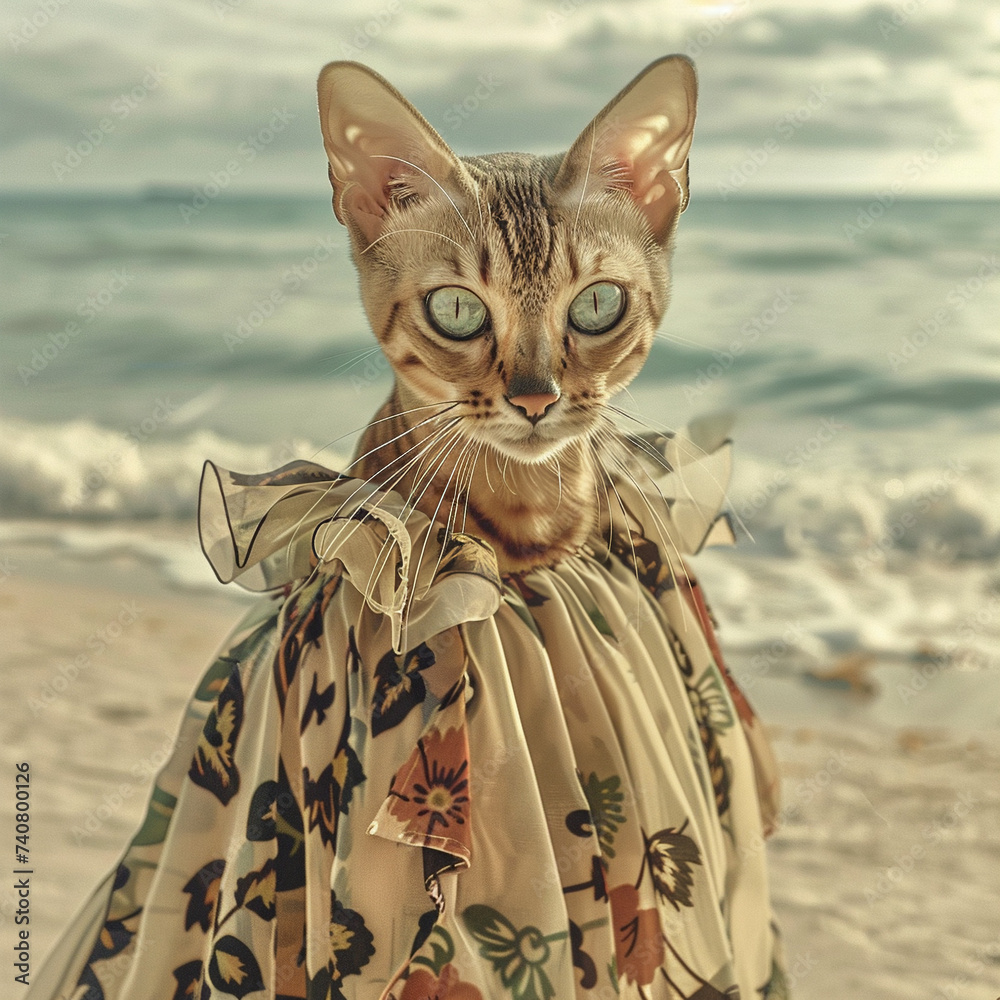 Stylish Beachside: Female Cat Model in Women's Wear, Street Fashion ...
