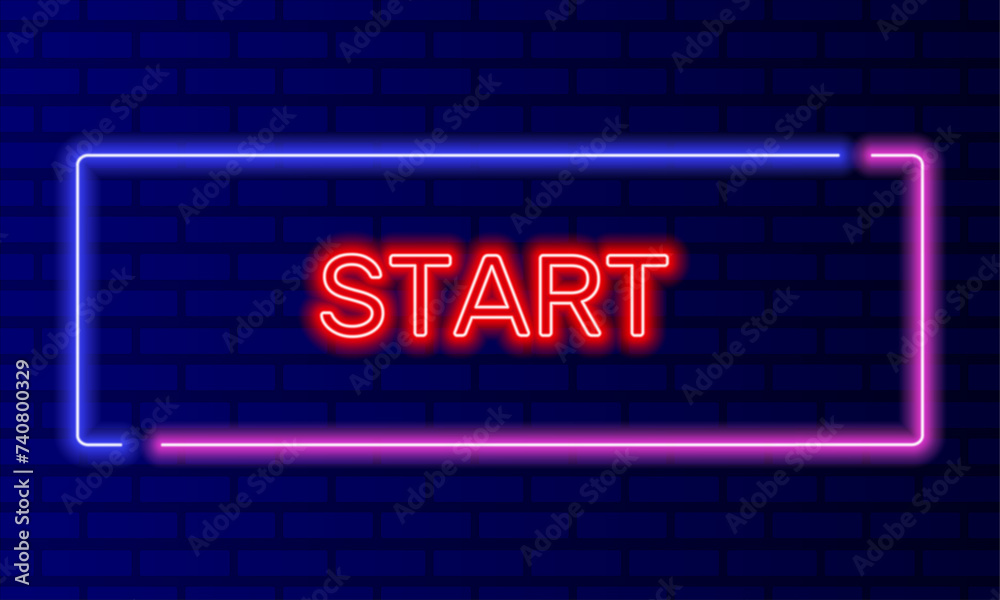 Neon sign start in speech bubble frame on brick wall background vector ...