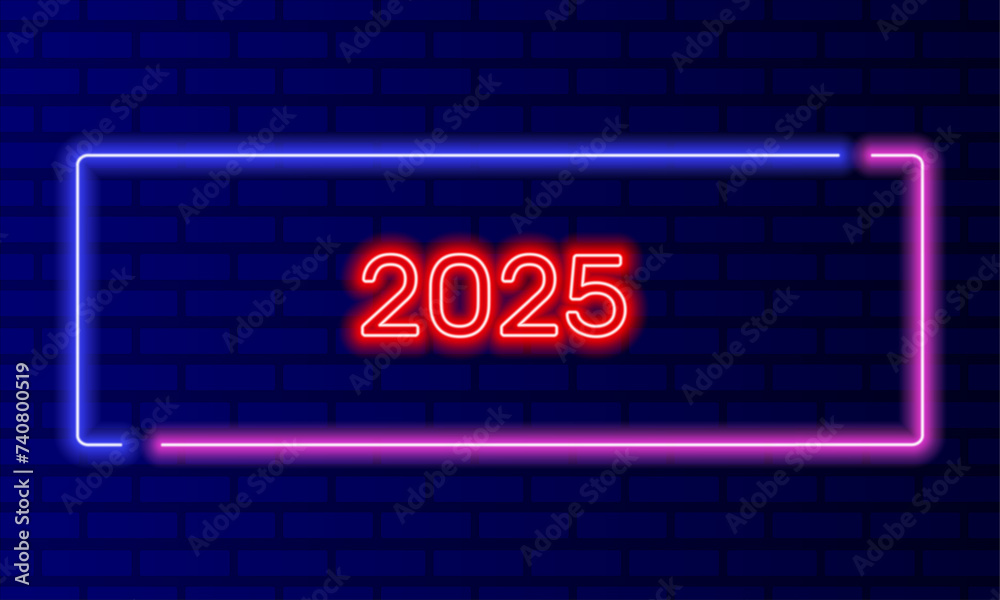 Neon sign 2025 year in speech bubble frame on brick wall background ...