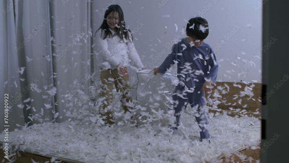 Children's Pillow Fight with Feathers Flying, Captured in Super Slow ...
