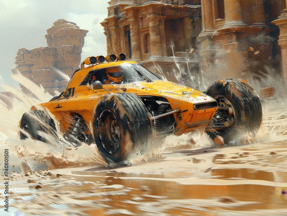 Racer in a turbocharged desert buggy kicking up storms of sand as they ...